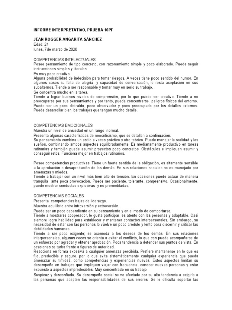 Informe Interpretativo | PDF | Conceptos psicologicos | Ciencias del ...