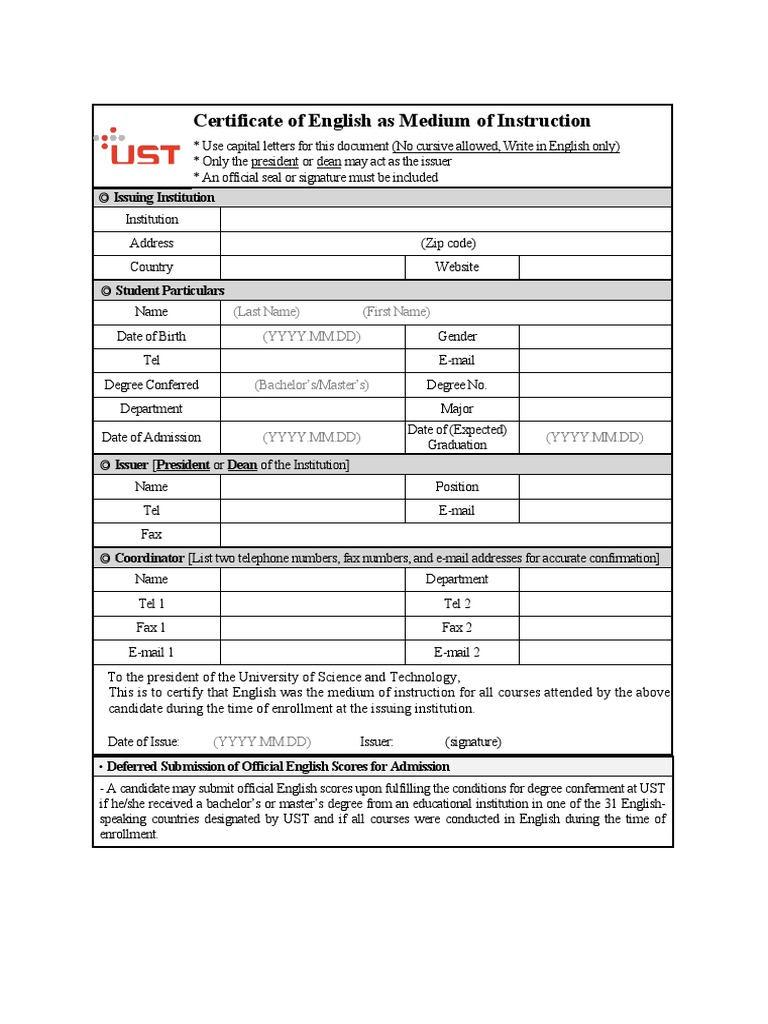 Certificate of English As Medium of Instruction: (Last Name) (First ...