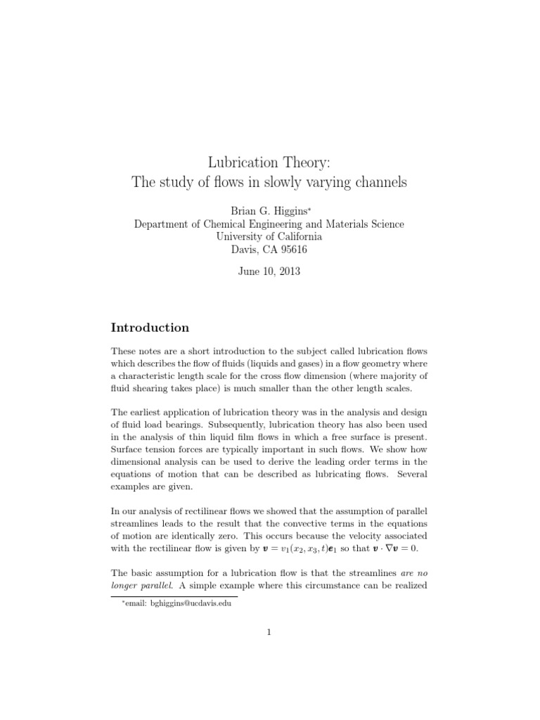 Lubrication Theory: The Study of Flows in Slowly Varying Channels | PDF ...