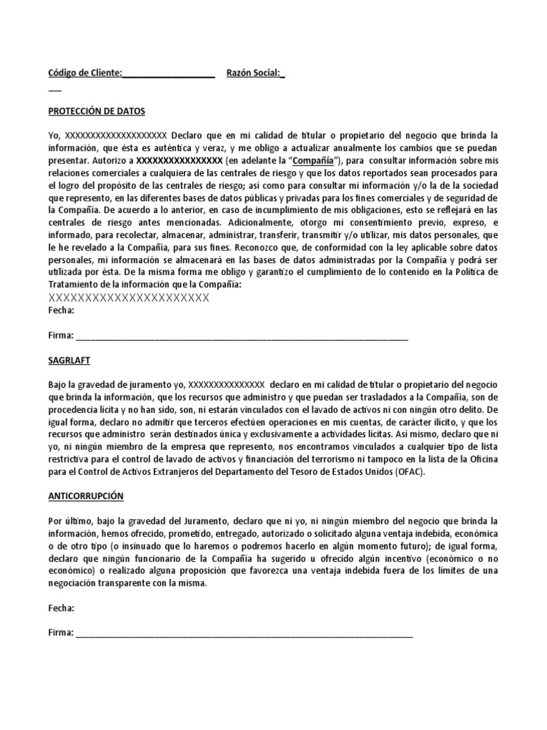 Formato Habeas Data | PDF | Privacidad de la información | Bases de datos