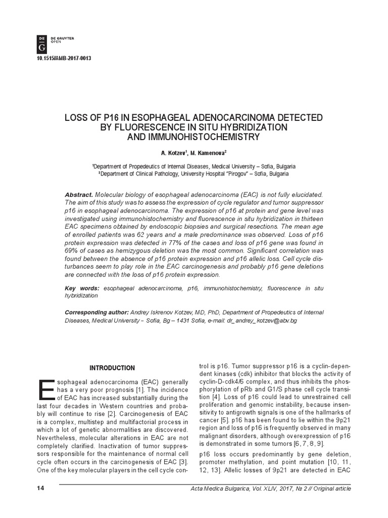 Loss of P16 in Esophageal Adenocarcinoma Detected by Fluorescence in ...