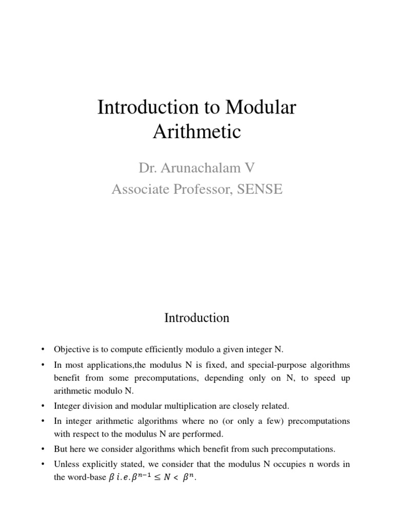 Introduction To Modular Arithmetic: Dr. Arunachalam V Associate ...