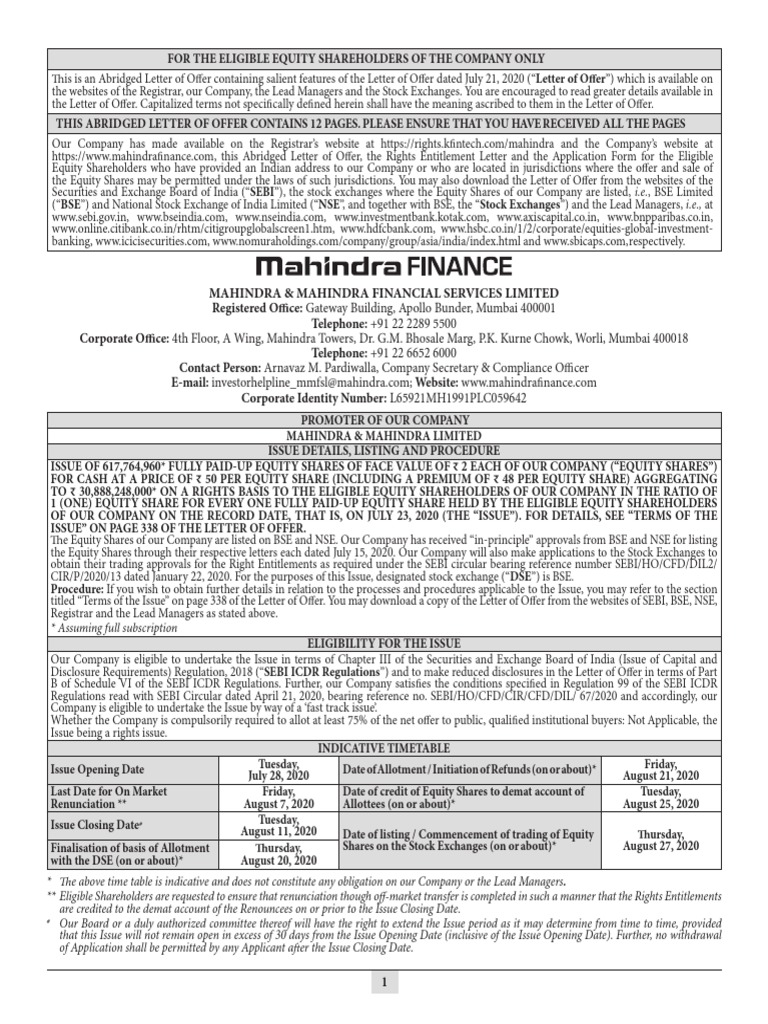 M&M Fin Right Issue Template | PDF | Equity (Finance) | Securities Act ...