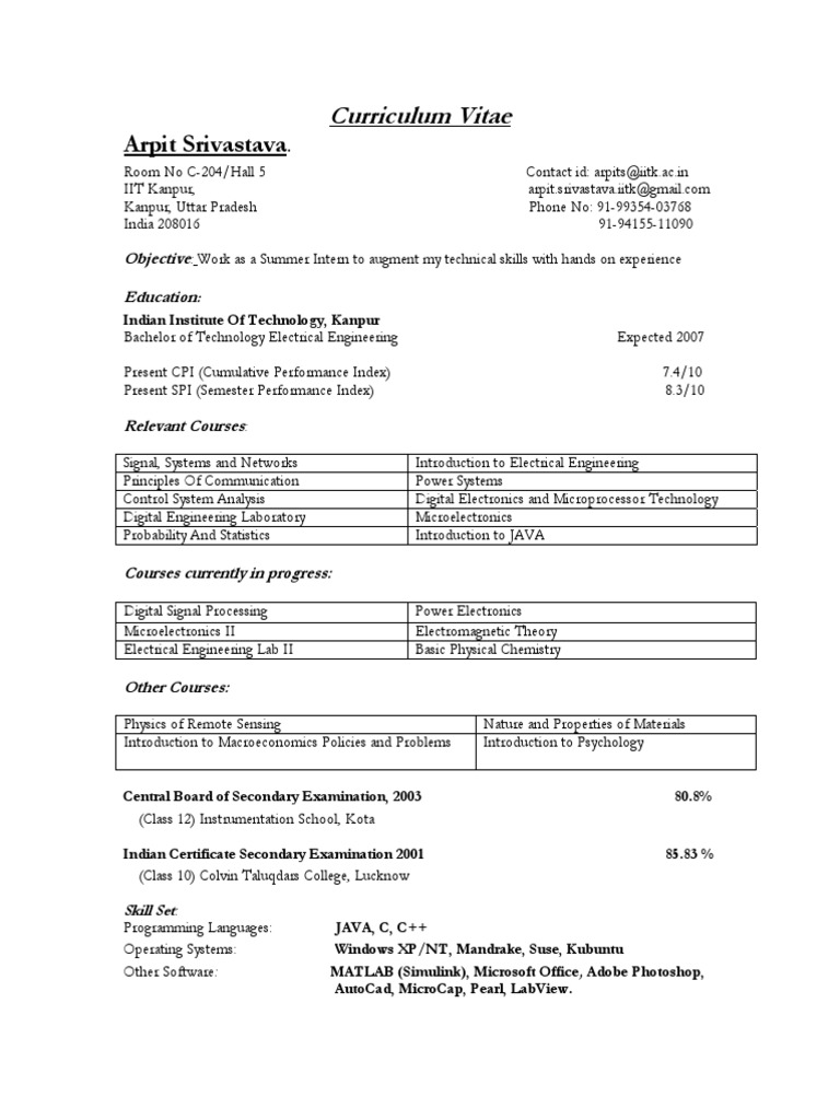 Curriculum Vitae Arpit Srivastava PDF | PDF | Electrical Engineering | Digital Technology