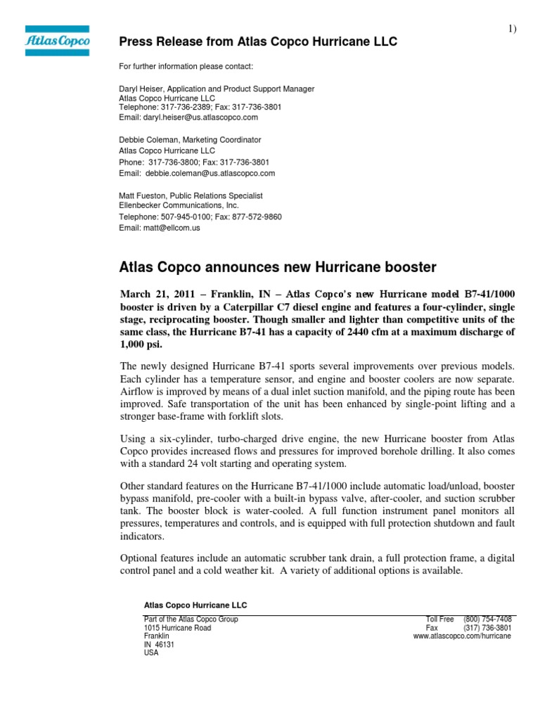 Atlas Copco Announces New Hurricane Booster | PDF | Machines ...