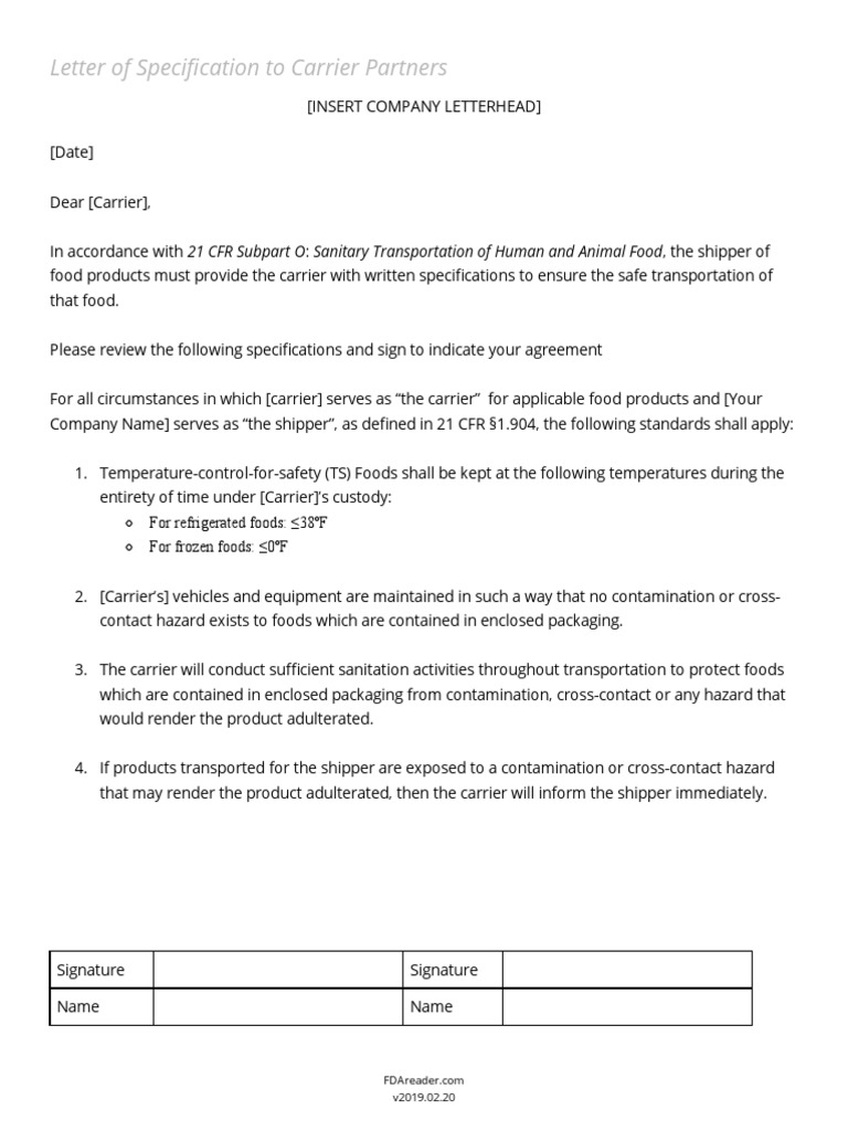 Letter of Specification To Carrier Partners v2019.02.20 | PDF ...