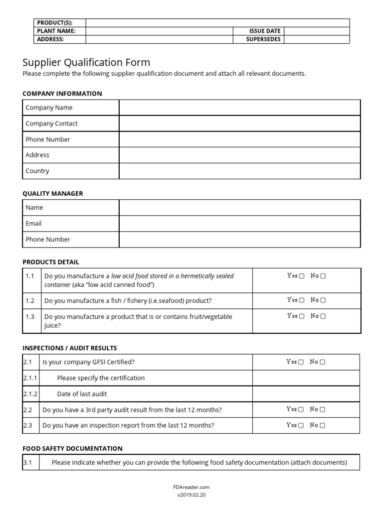 Supplier Qualification Form v2019.02.20 | Download Free PDF | Food ...