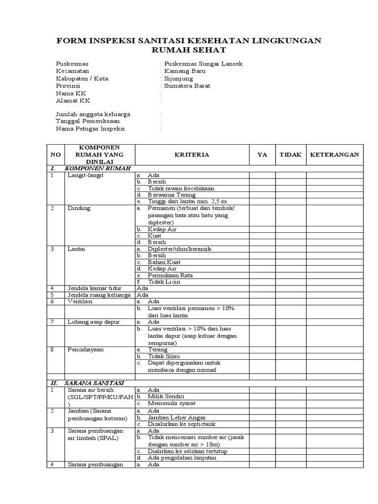 Form Inspeksi Sanitasi Kesehatan Lingkungan Rumah | PDF