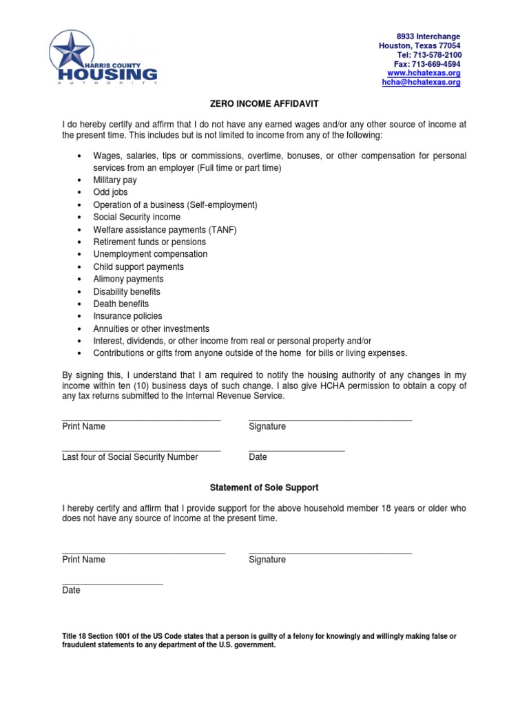 Zero Income Affidavit: 8933 Interchange Dr. Houston, Texas 77054 Tel ...