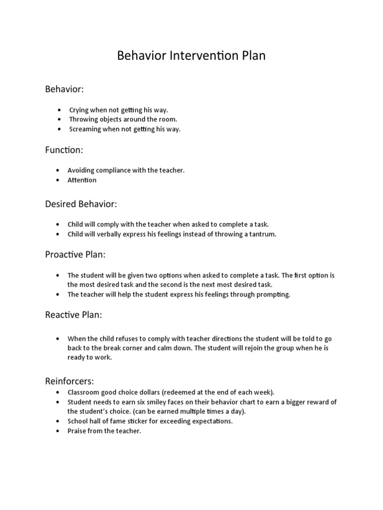 Behavior Intervention Plan Sample | PDF