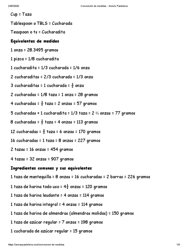 Guía de Conversión de Medidas de Cocina | PDF | Horneando ...