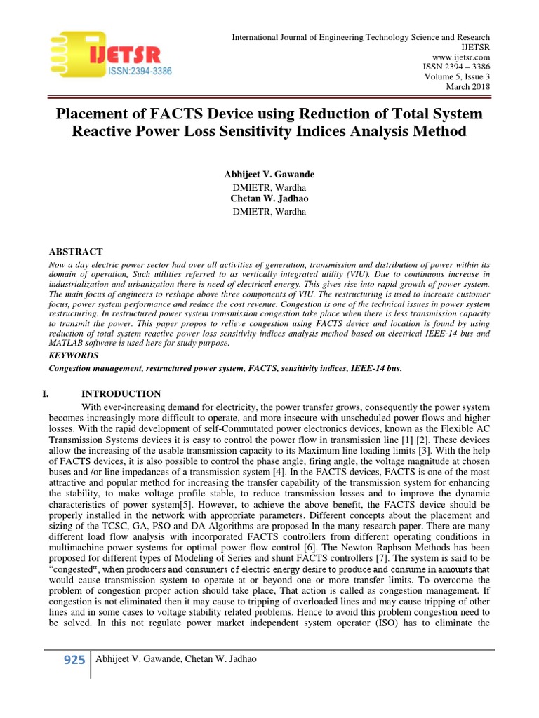 Placement of FACTS Device Using Reduction of Total System Reactive Power Loss Sensitivity ...