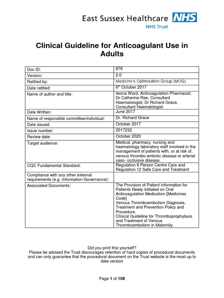 Clinical Guideline For Anticoagulant Use in Adults | PDF | Drugs | Medicine