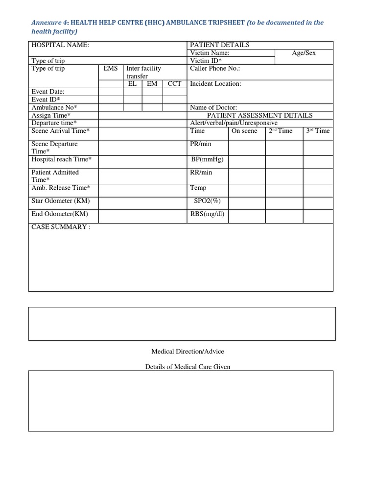 HHC Ambulance Trip Sheet Template | PDF | Social Science | Law