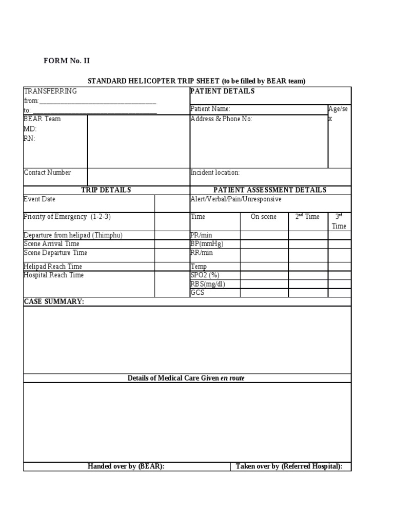 Helicopter Trip Sheet for Patient Transfer | PDF