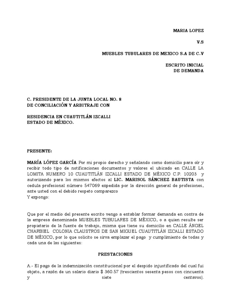 Modelo demanda laboral | México | Demanda judicial