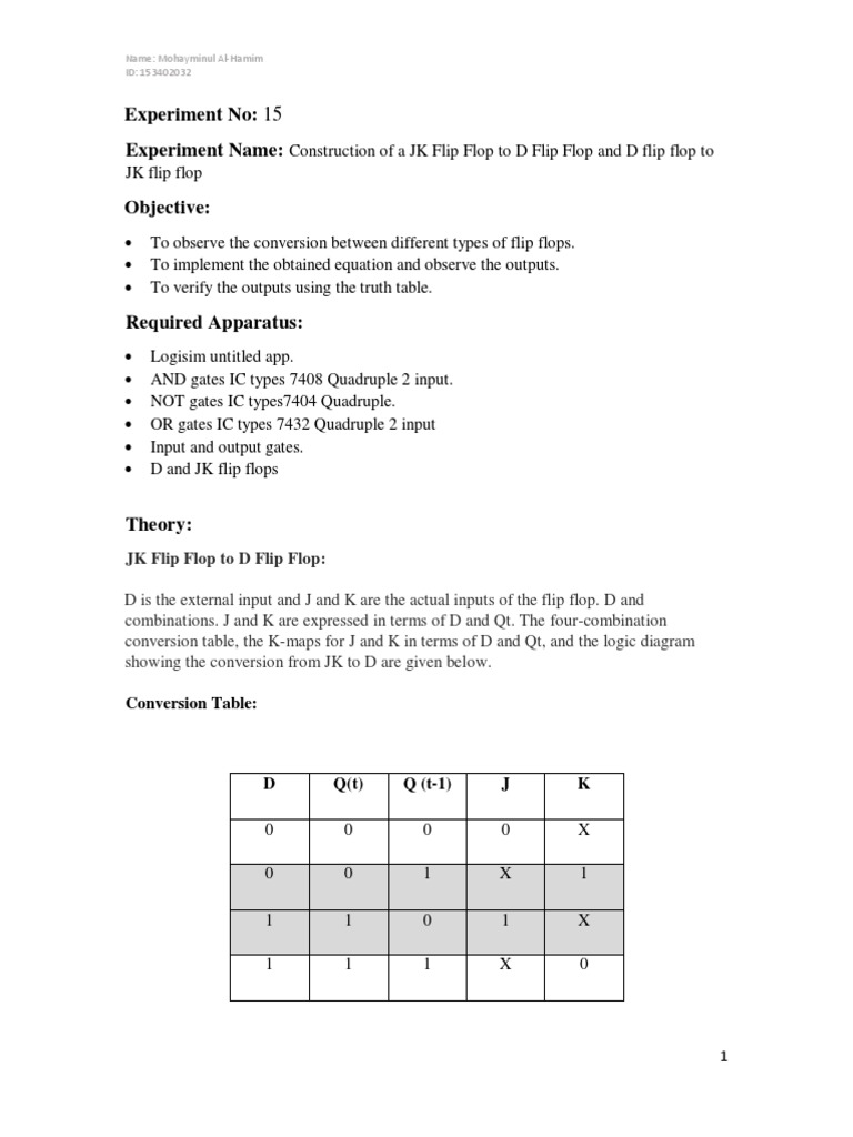 Experiment No: 15 Experiment Name:: JK Flip Flop To D Flip Flop | PDF ...