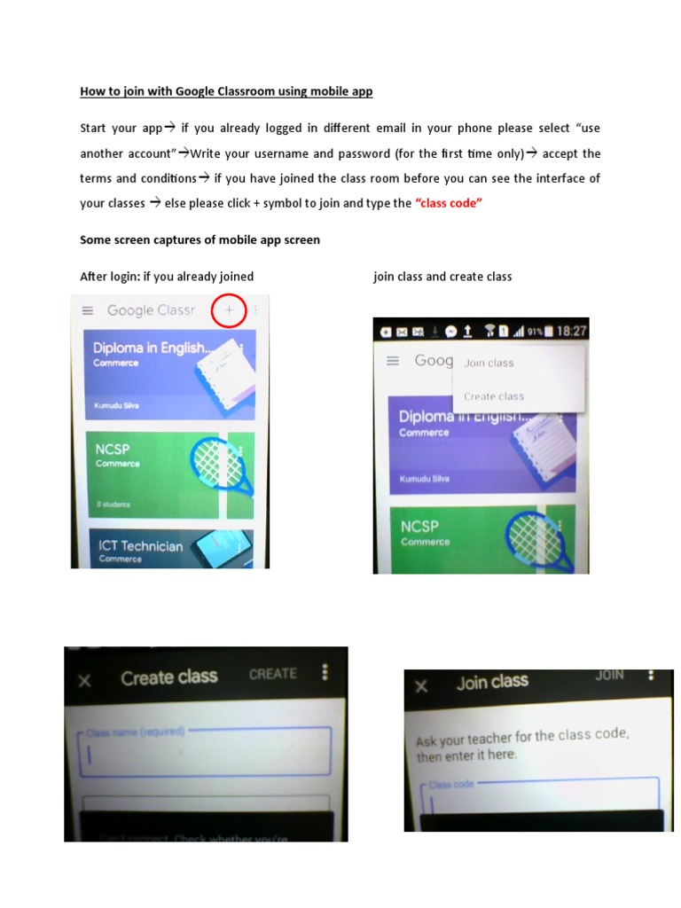 How To Join With Google Classroom Using Mobile App: "Class Code" | PDF ...