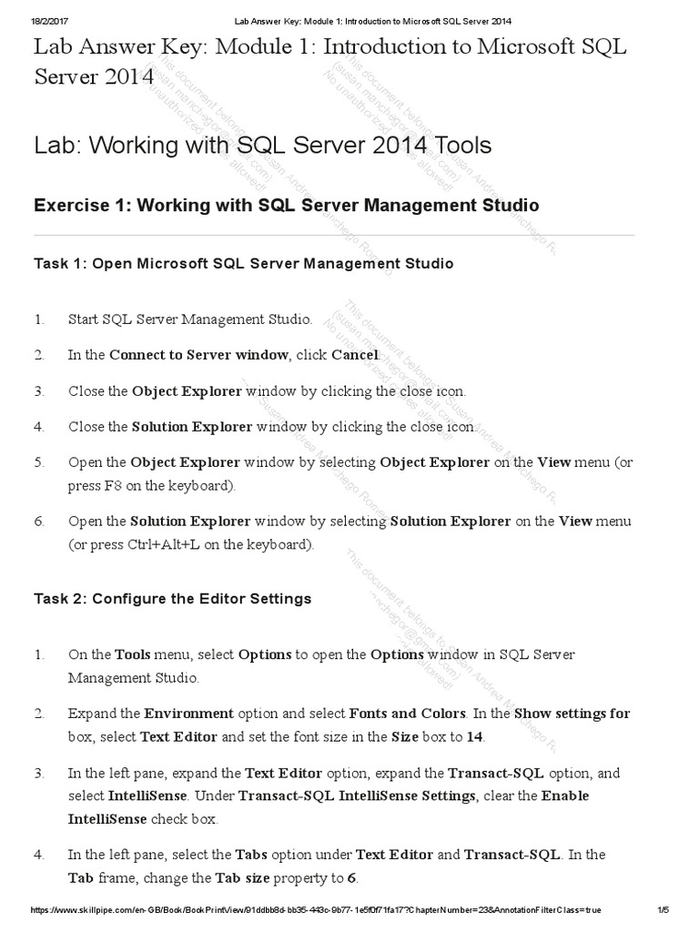 Lab Answer Key: Module 1: Introduction To Microsoft SQL Server 2014 Lab: Working With SQL Server ...