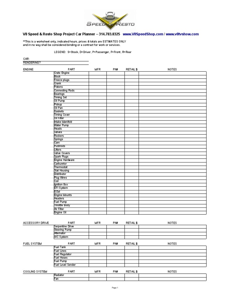 V8 Speed & Resto Shop Project Car Planner - 314.783.8325 | PDF