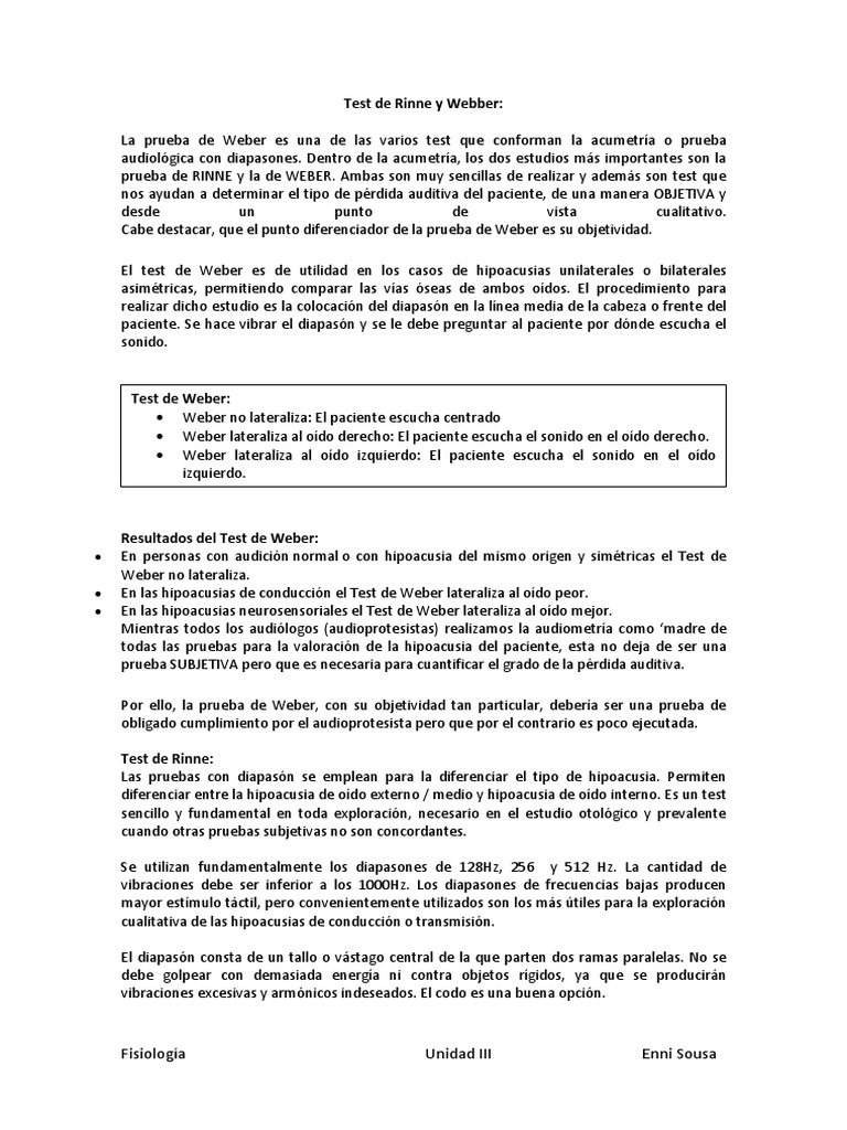Pruebas de Rinne y Weber en Acumetría | PDF | Percepción visual | Sentidos