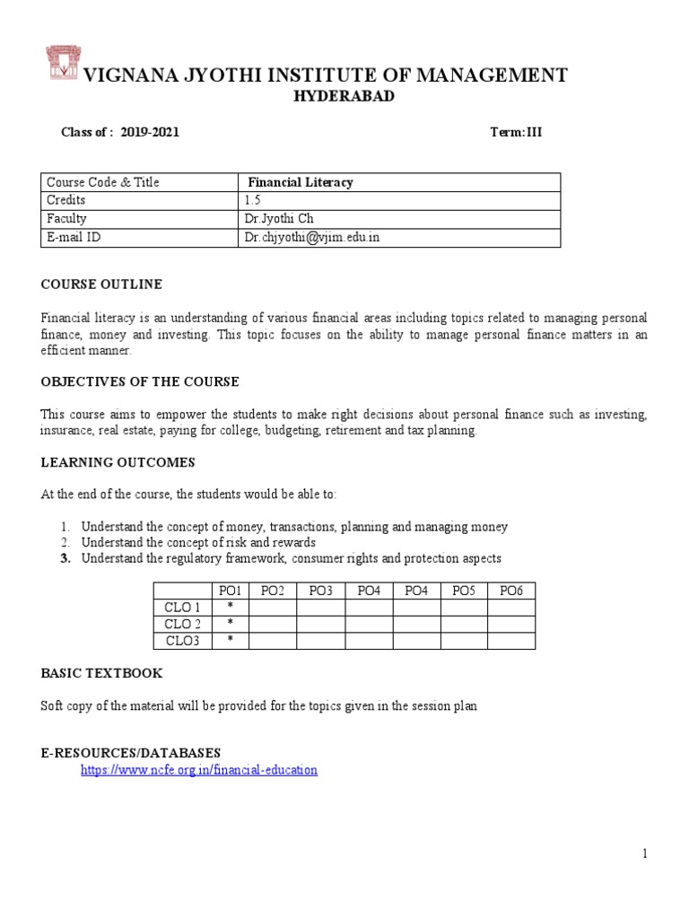 Financial Literacy Syllabus | PDF | Textbook | Financial Literacy