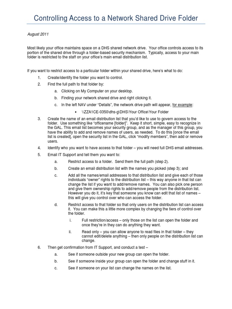 Controlling Access To A Network Shared Drive Folder: August 2011 | PDF ...
