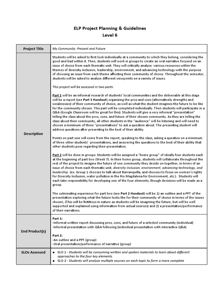 ELP Project Planning & Guidelines Level 6 | PDF | Inclusion (Education ...