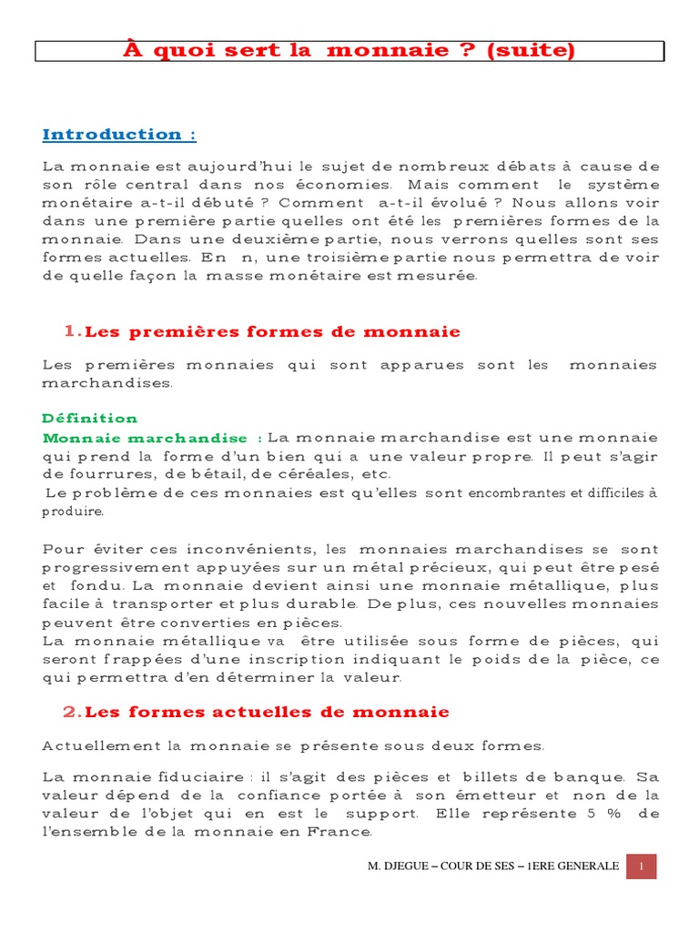 Évolution et formes de la monnaie | PDF | Masse monétaire | Argent