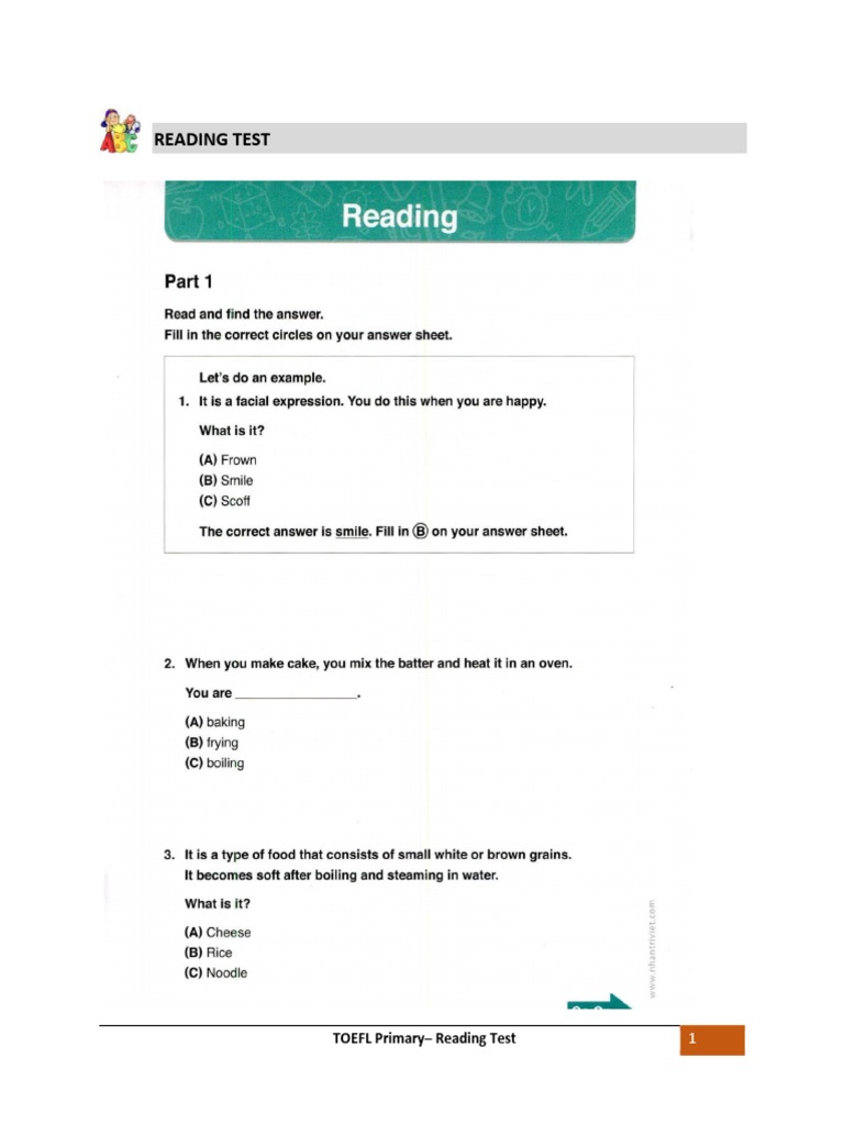 TOEFL Primary Reading Test Sample | PDF