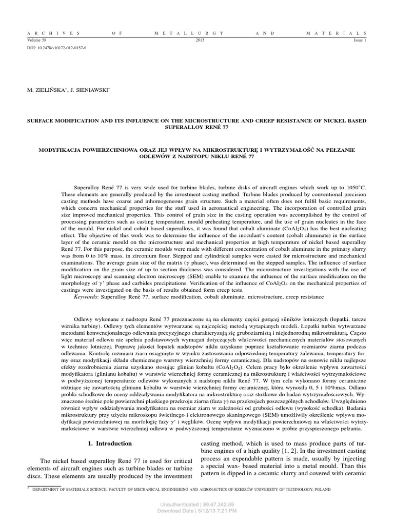Nickel Superalloy Surface Study | PDF | Creep (Deformation ...