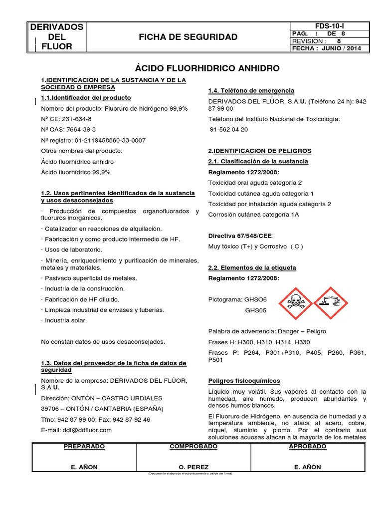 Ficha de Seguridad: Ácido Fluorhídrico | PDF | Flúor | Quemar