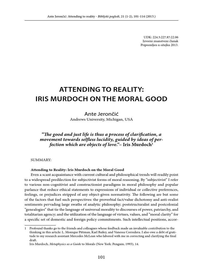 Attending To Reality Iris Murdoch | PDF | Good And Evil | Reality
