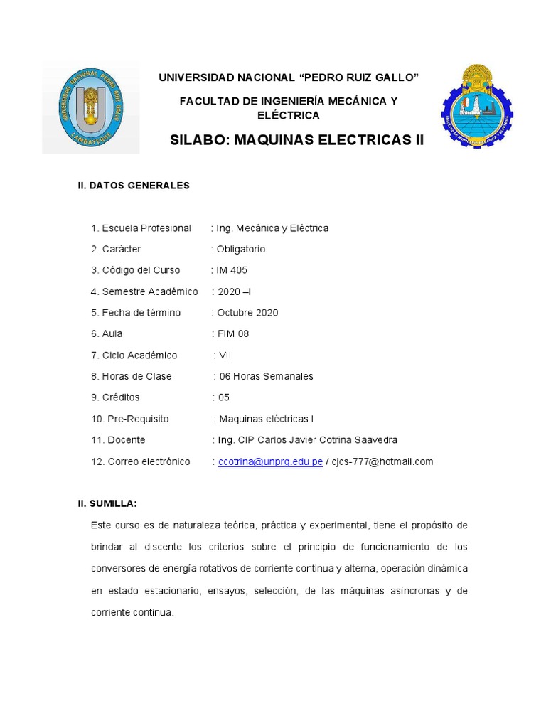 MAQUINAS ELECTRICAS II Silabus | PDF | Generador eléctrico | Motor eléctrico