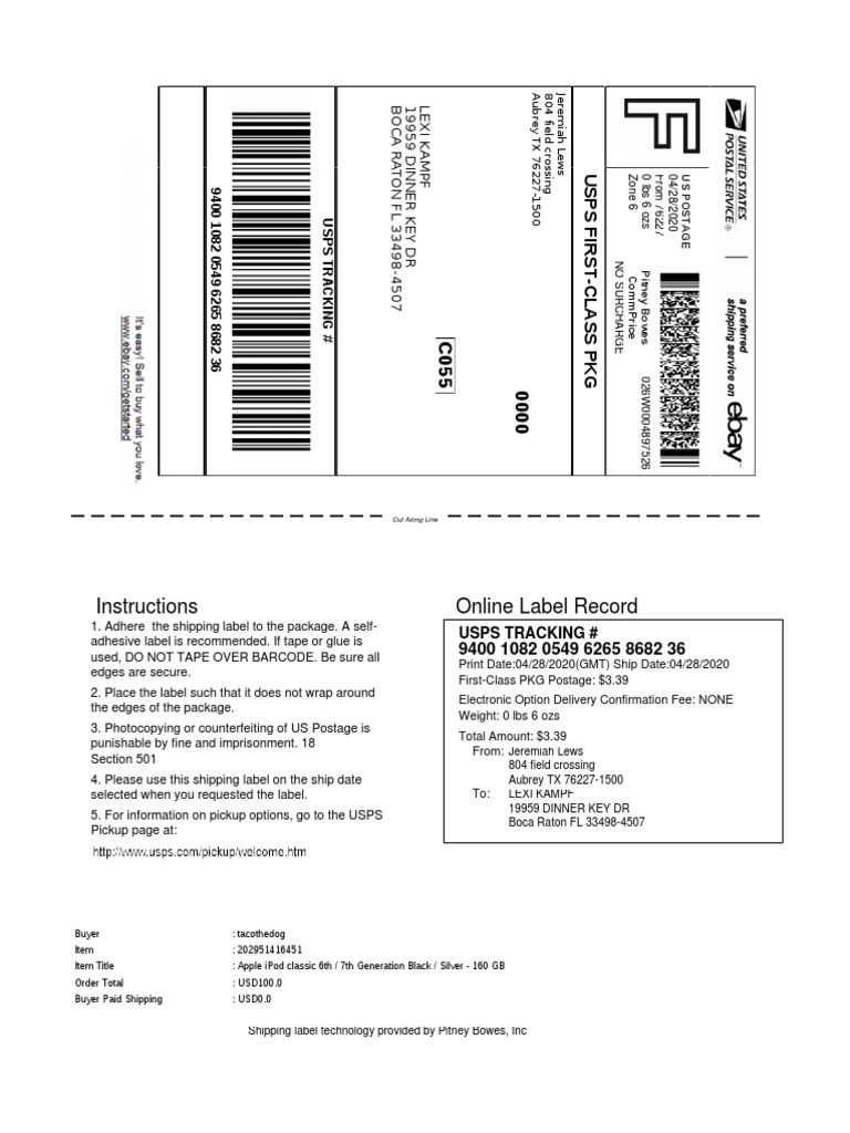 Shipping label and delivery confirmation for an Apple iPod from Aubrey ...