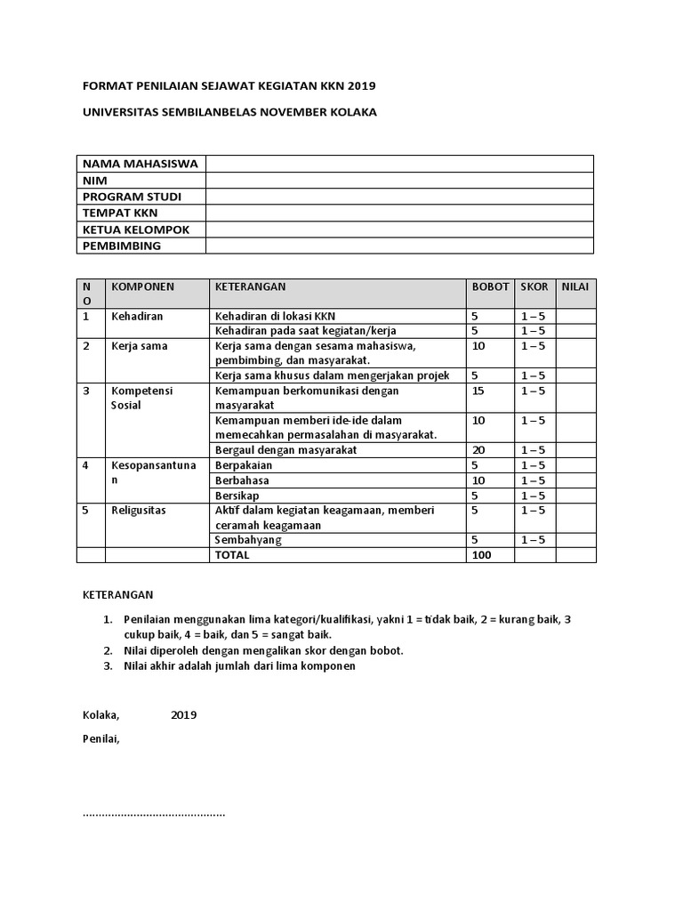 Format Penilaian KKN (Sejawat) | PDF