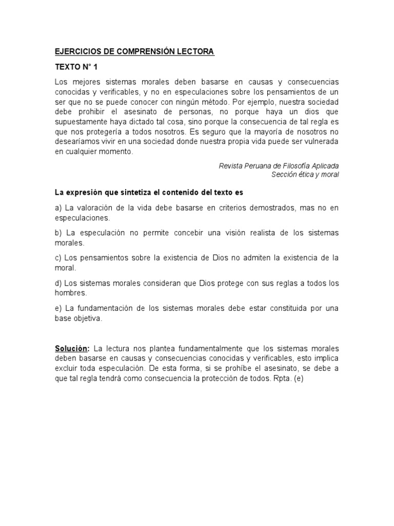 Solución Ejercicios de Comprensión Lectora 2 | PDF | Moralidad | Existencia