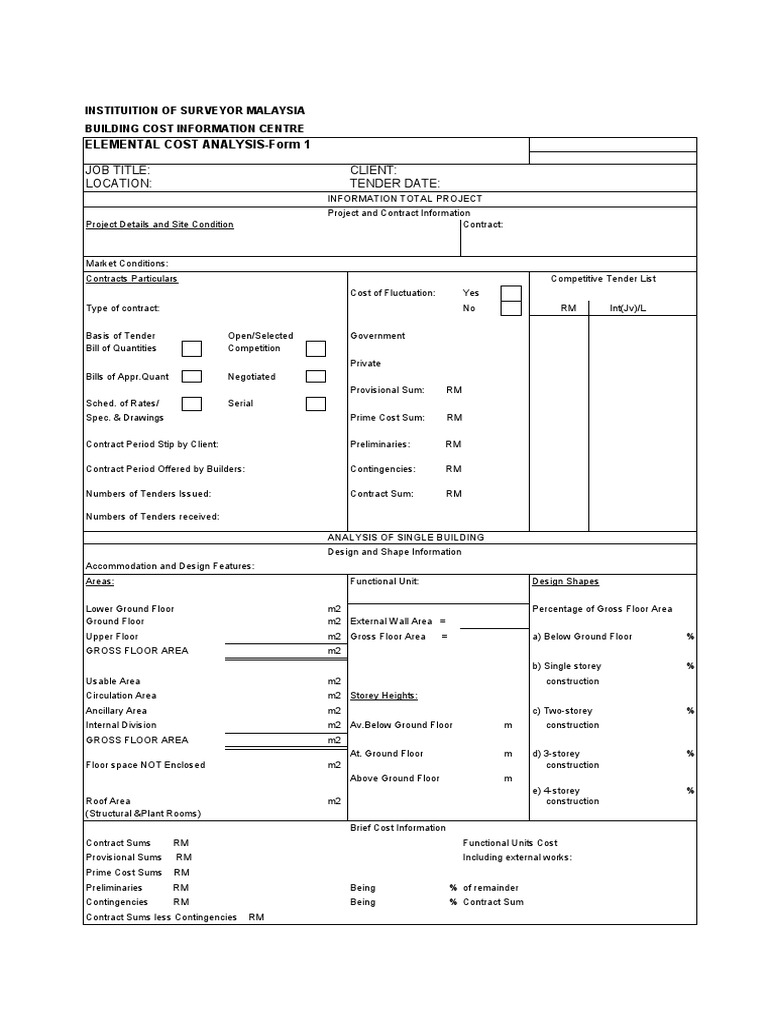 Elemental Cost Analysis-Form 1: Job Title: Client: Location: Tender ...