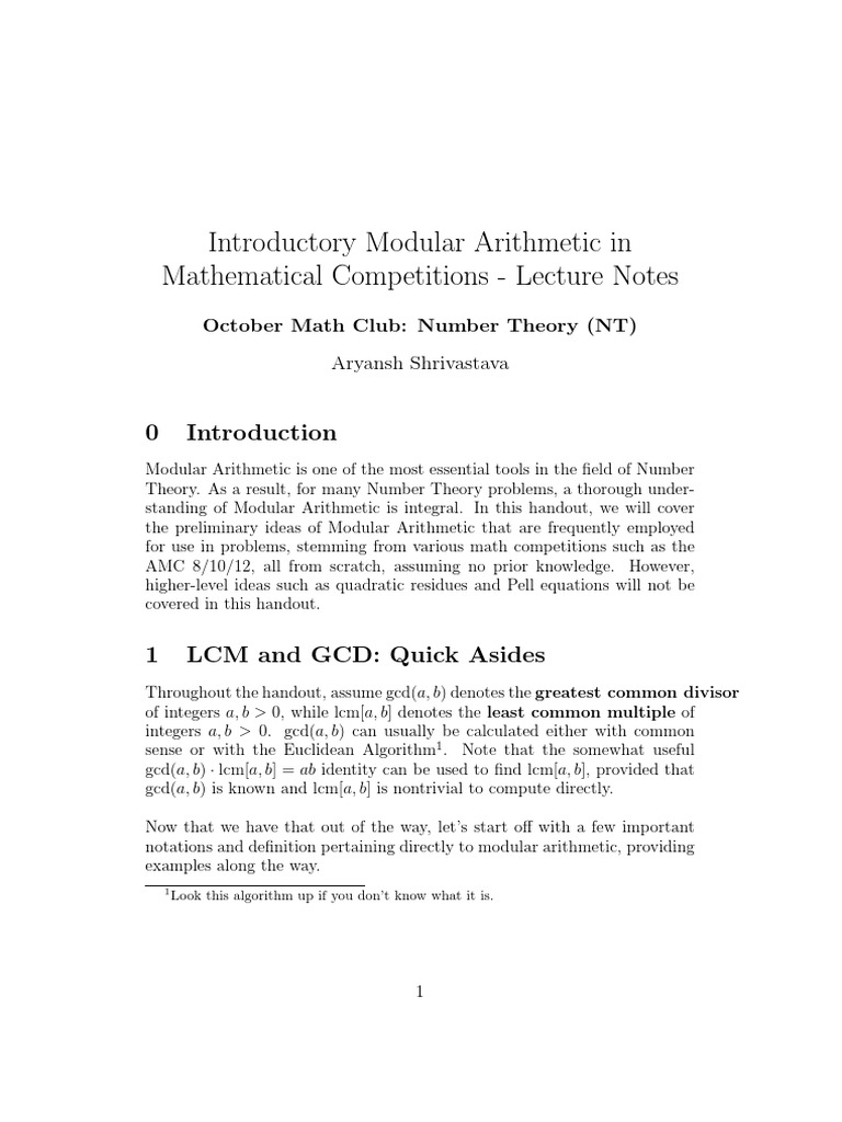 Introductory Modular Arithmetic In Mathematical Competitions Lecture