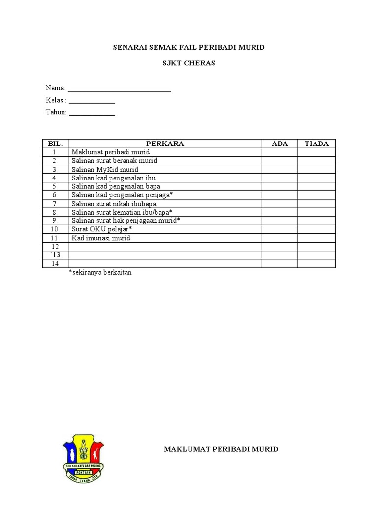 Senarai Semak Fail Peribadi Murid | PDF