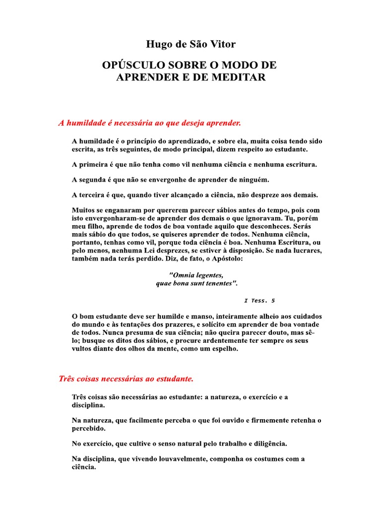 Opúsculo Sobre o Modo de Aprender e de Meditar - Hugo de São Vitor PDF ...