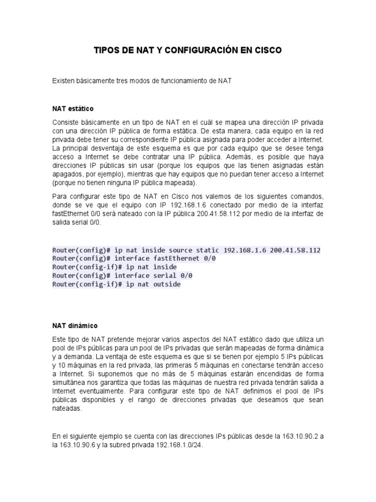 Tipos de Nat y Configuración en Cisco | PDF | Dirección IP | Enrutador (Computación)