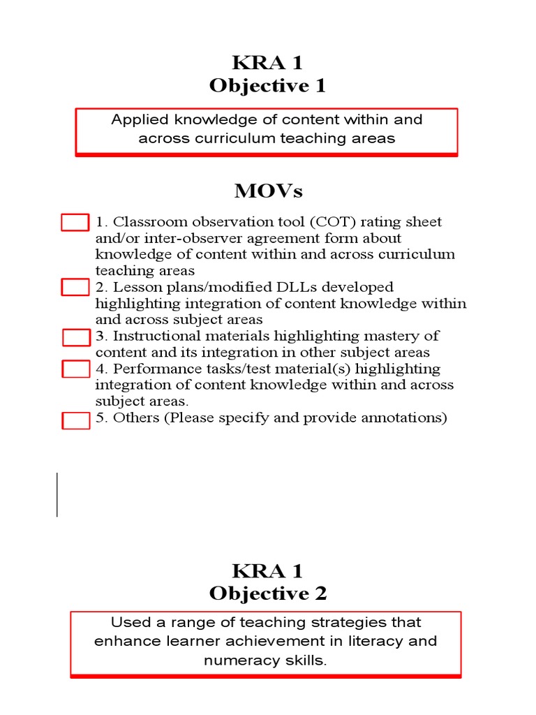 KRA Objectives and MOVs for Teachers | PDF | Lesson Plan | Educational ...