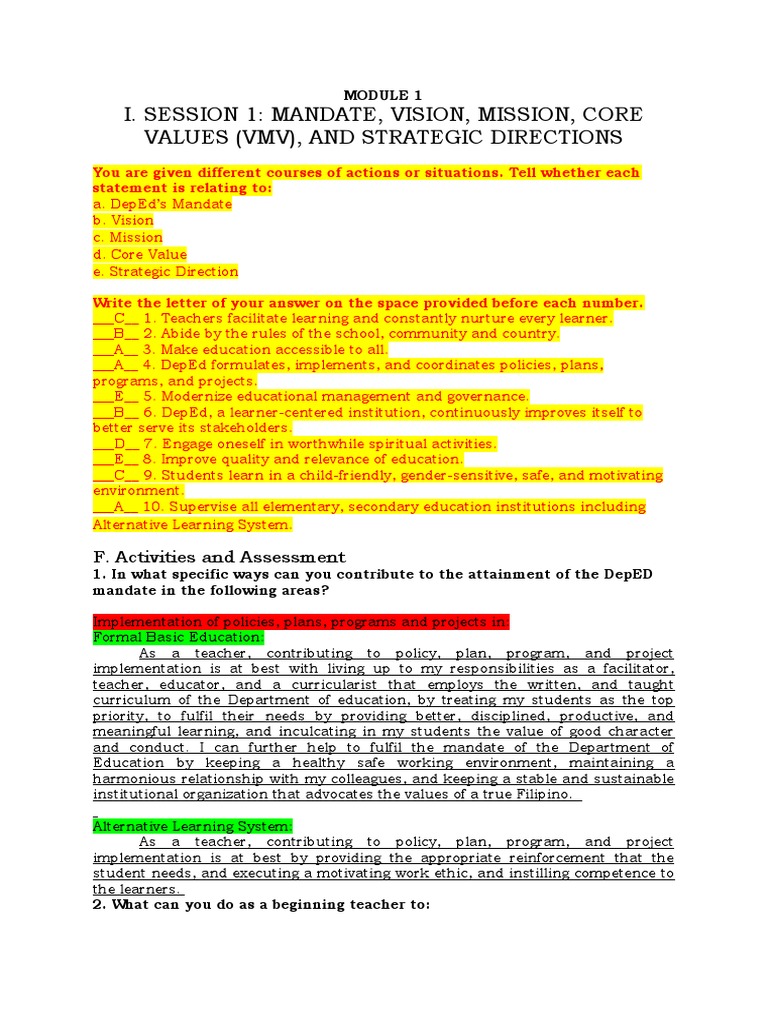 I. Session 1: Mandate, Vision, Mission, Core Values (VMV), and ...