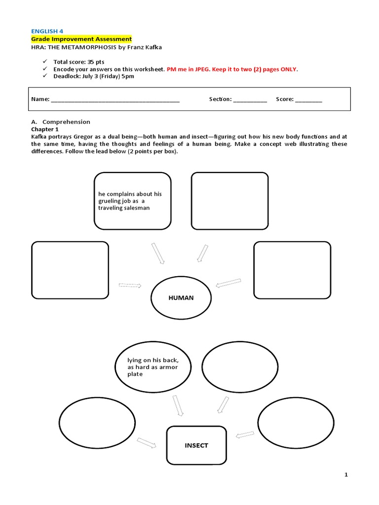 Hra: The Metamorphosis by Franz Kafka: Grade Improvement Assessment ...