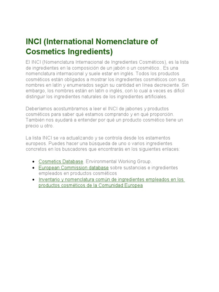 Nomenclatura INCI de Ingredientes Cosméticos | PDF | Cocina, comidas y vino