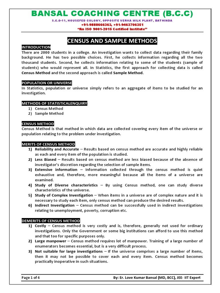 Census and Sample Methods PDF | PDF | Census | Sampling (Statistics)
