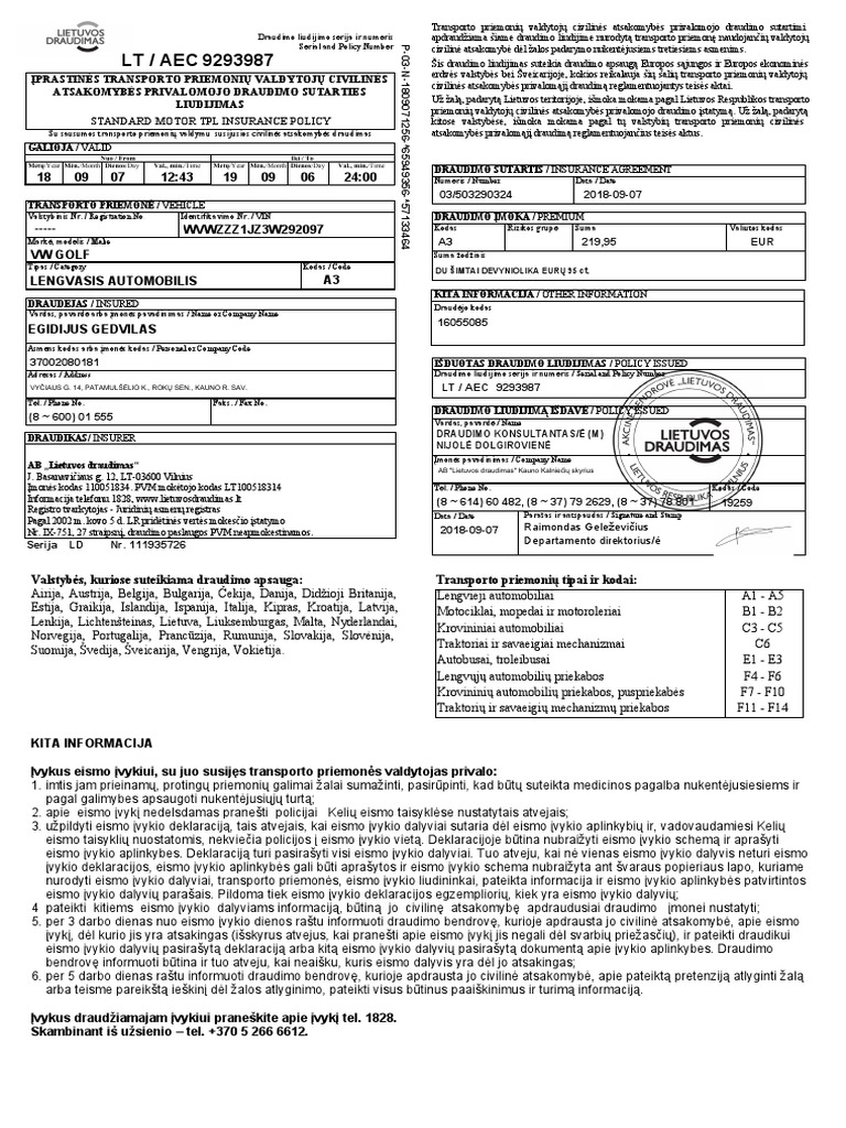 LT / Aec 9293987: Standard Motor TPL Insurance Policy | PDF
