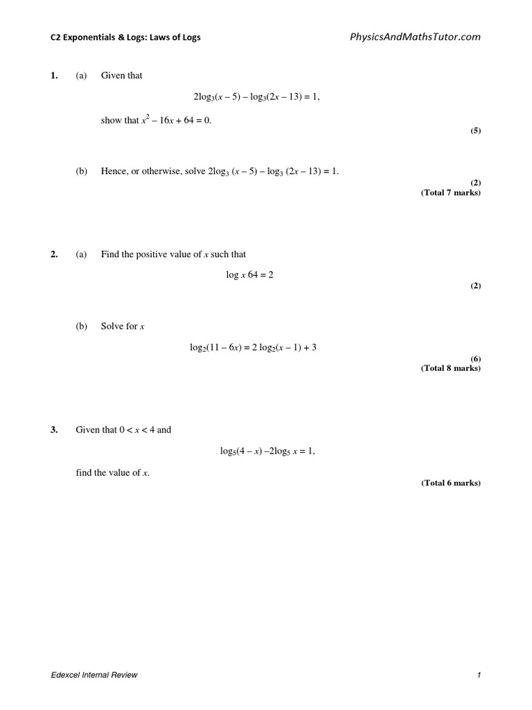 C2 Exponentials & Logs - Laws of Logs PDF | PDF | Logarithm | Quadratic ...
