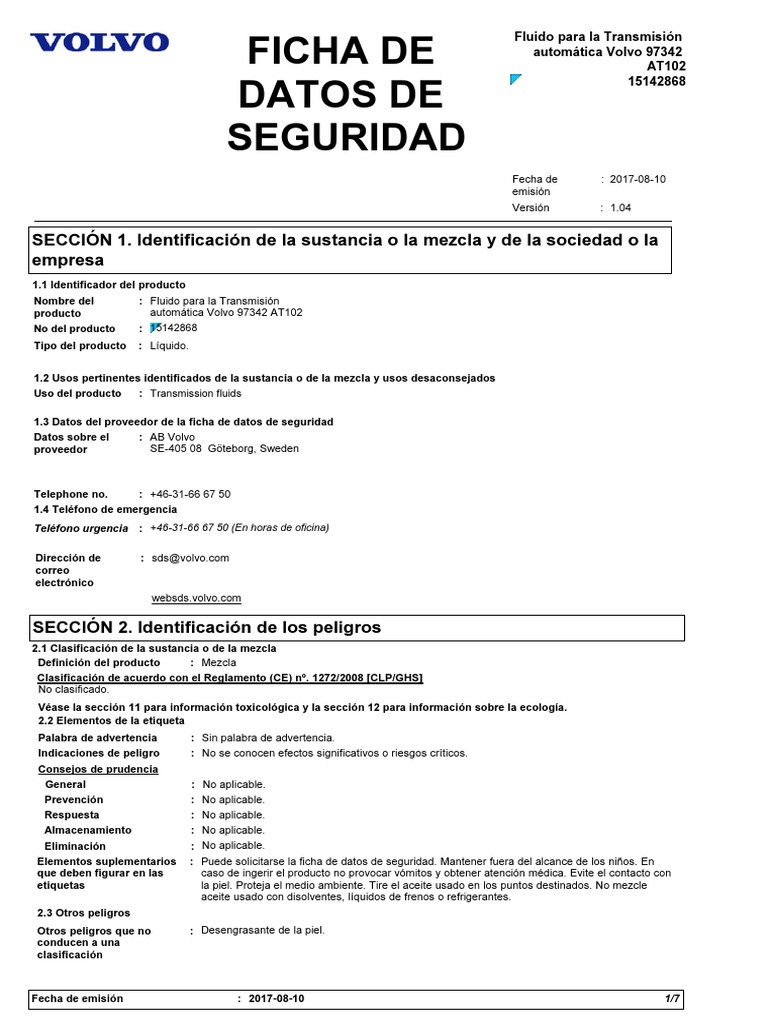 Automatic Transmission Fluid (At 102) Volvo97342 PDF | PDF | Residuos ...
